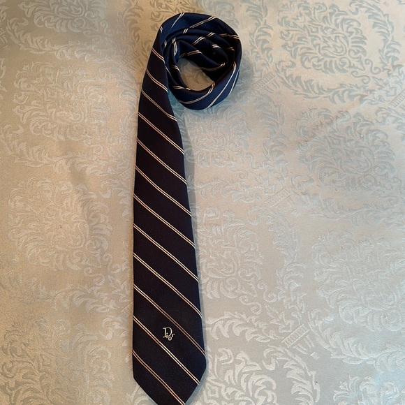 Dior | Accessories | Christian Dior Striped Navy And Yellow Skinny Tie Silk Blend | Poshmark
